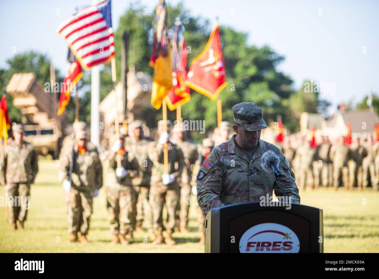 Col. Ryan L. Schrock gives remarks during 31st Air Defense Artillery's ...