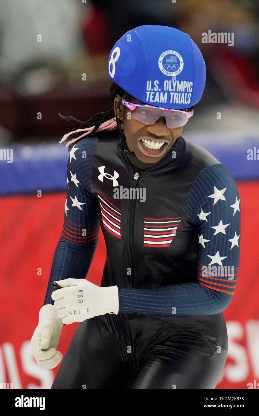First-place finisher Maame Biney reacts following the women's 500-meter ...
