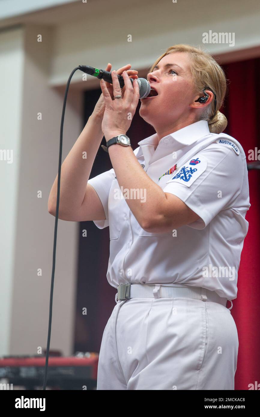 Royal Australian Navy Petty Officer Musician, Tracy Kennedy, performs a ...