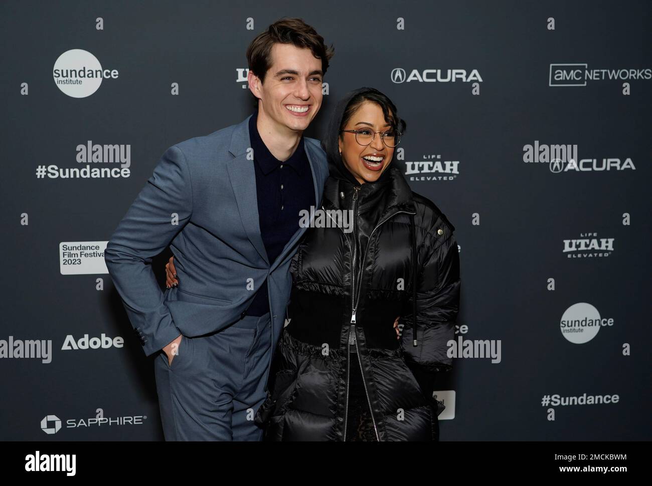 Kyle Selig, left, and Lisa Kosher, cast members in "Cat Person," pose ...