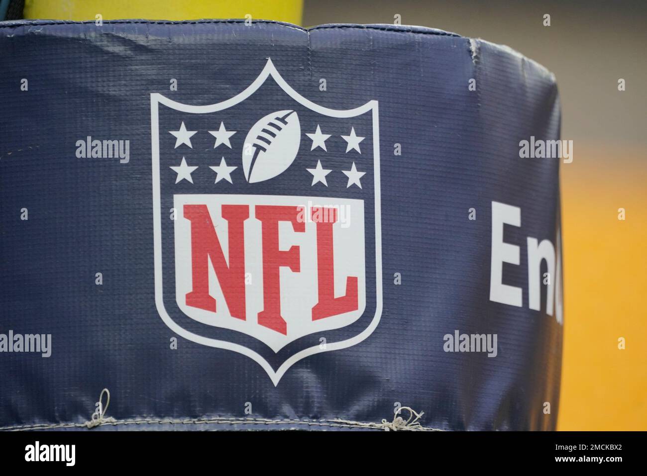 The NFL Logo is on the a goal post pad as the teams warm up before an ...