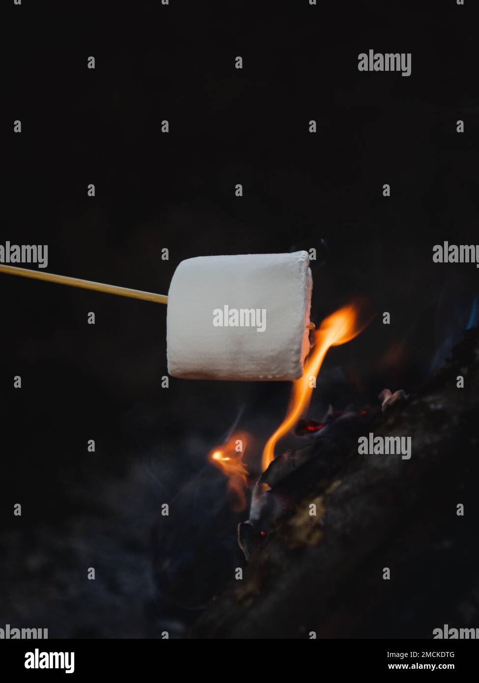 A vertical closeup of a marshmallow roasting on a stick on fire Stock ...