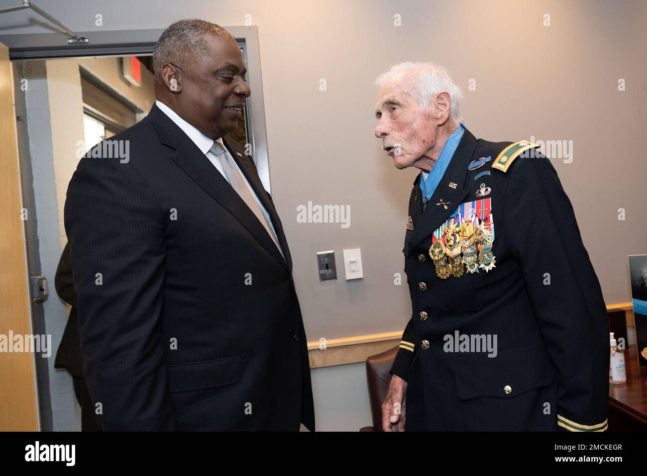 Secretary of Defense Lloyd J. Austin III speaks with Medal of Honor ...