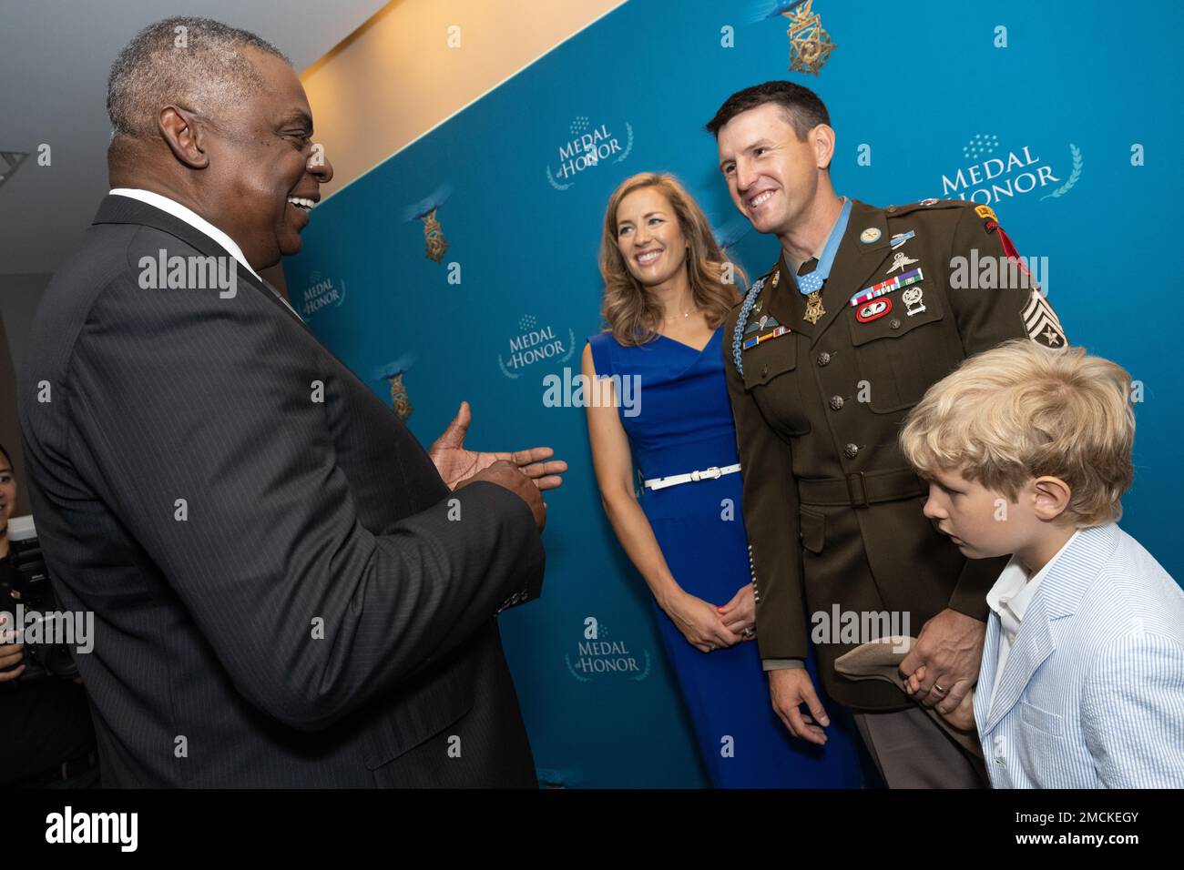 Secretary of Defense Lloyd J. Austin III speaks with Medal of Honor ...