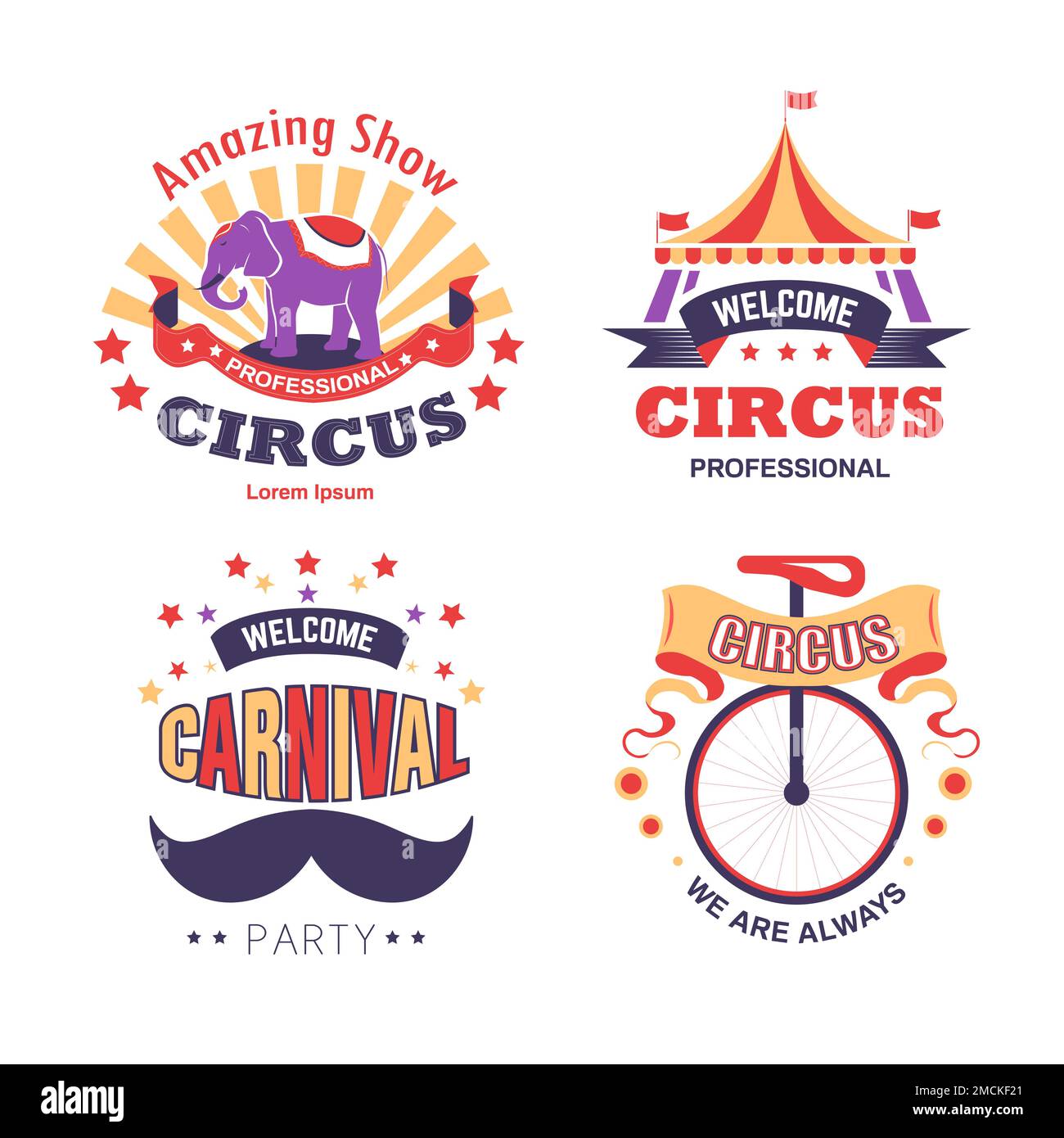 Carnival party and circus show isolated icons vector striped tent and ...