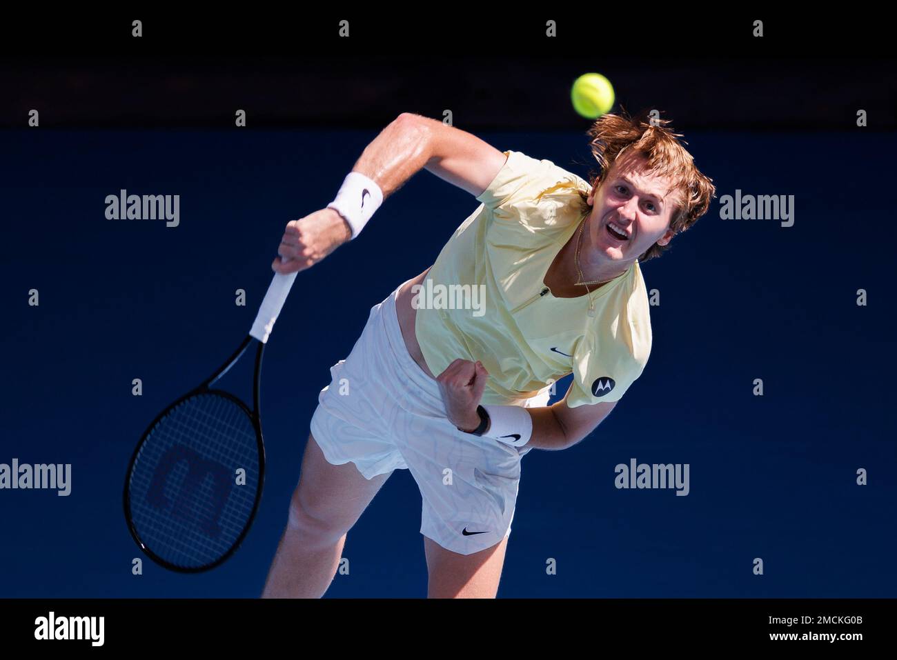 January 22, 2023: 29th seed SEBASTIAN KORDA (USA) in action against 10th seed HUBERT HURKACZ ...
