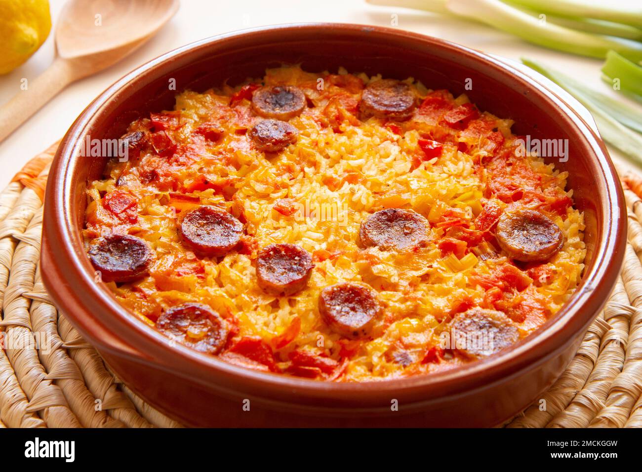 Original spanish paella recipe with meat cooked in a casserole in the ...