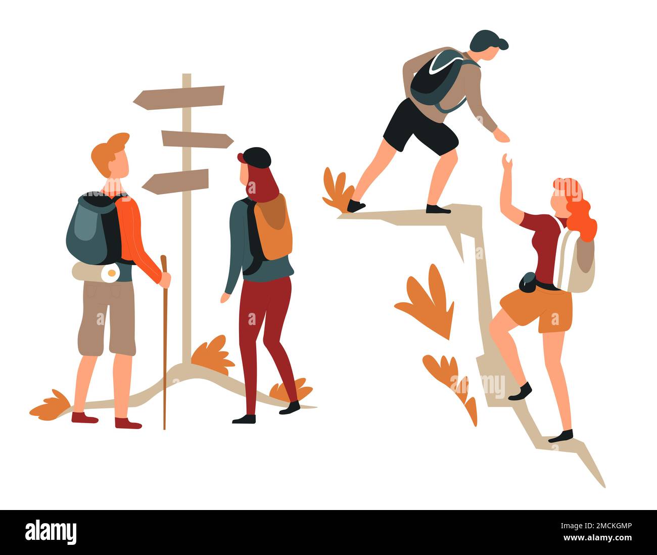 Direction pointer and mountain climbing hikers couple vector man and ...