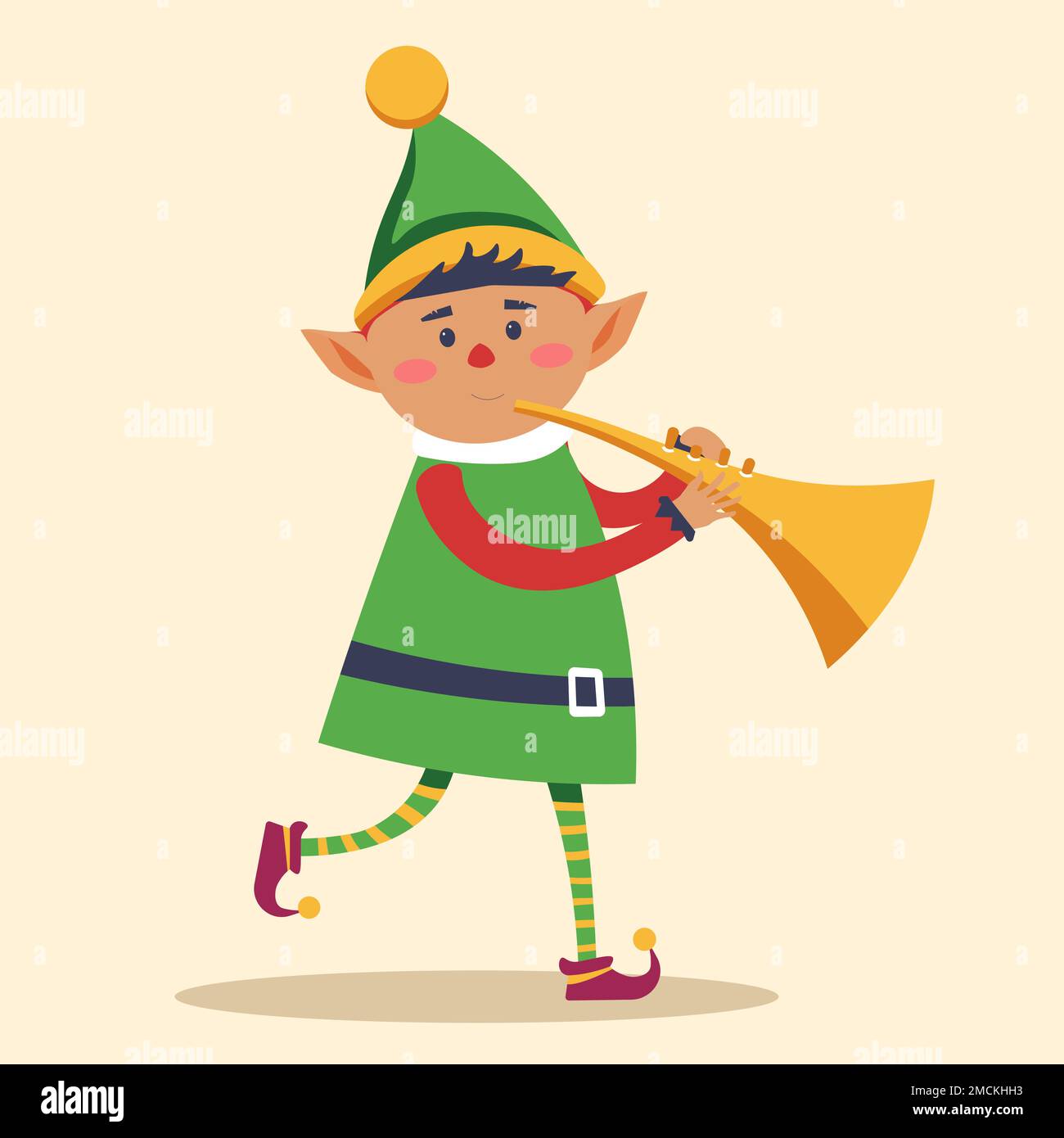 Santa helper elf Christmas character with trumpet musical instrument ...