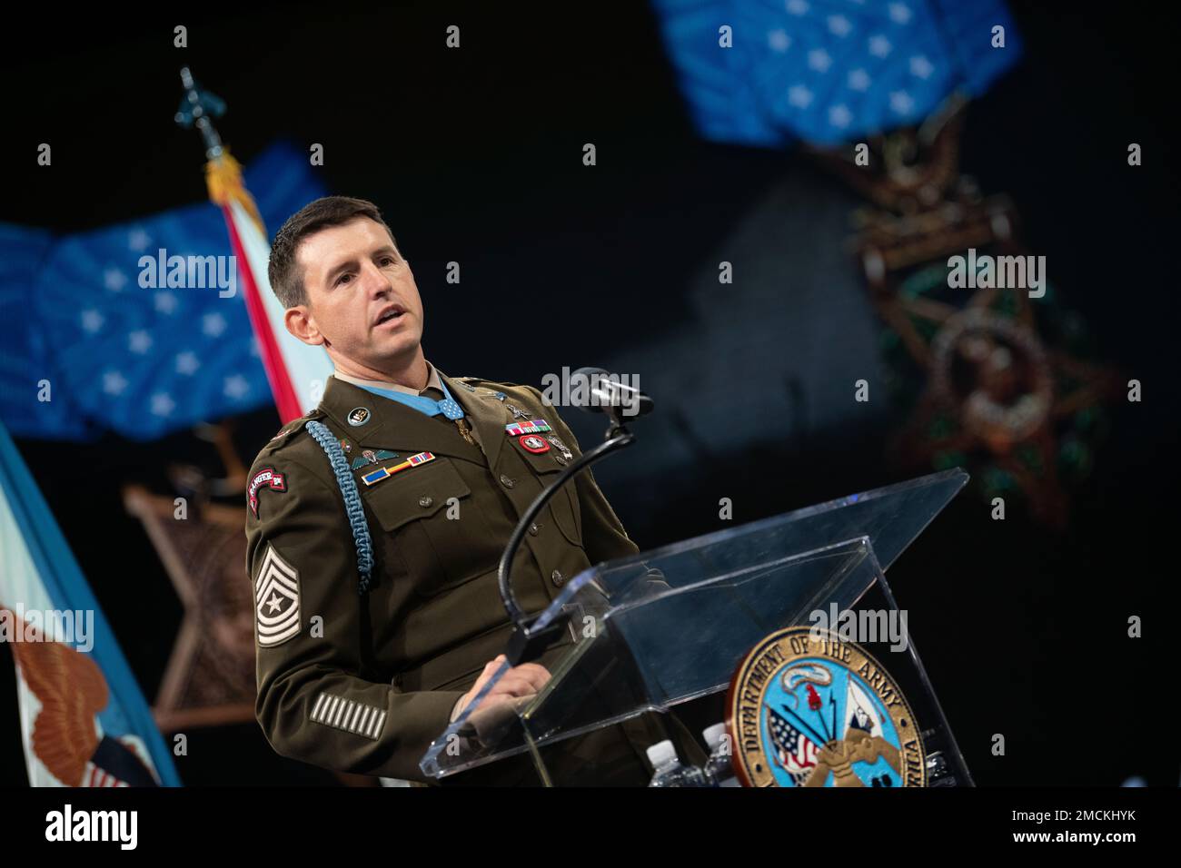 Medal of Honor recipient Army Sgt. Maj. Thomas P. Payne delivers ...