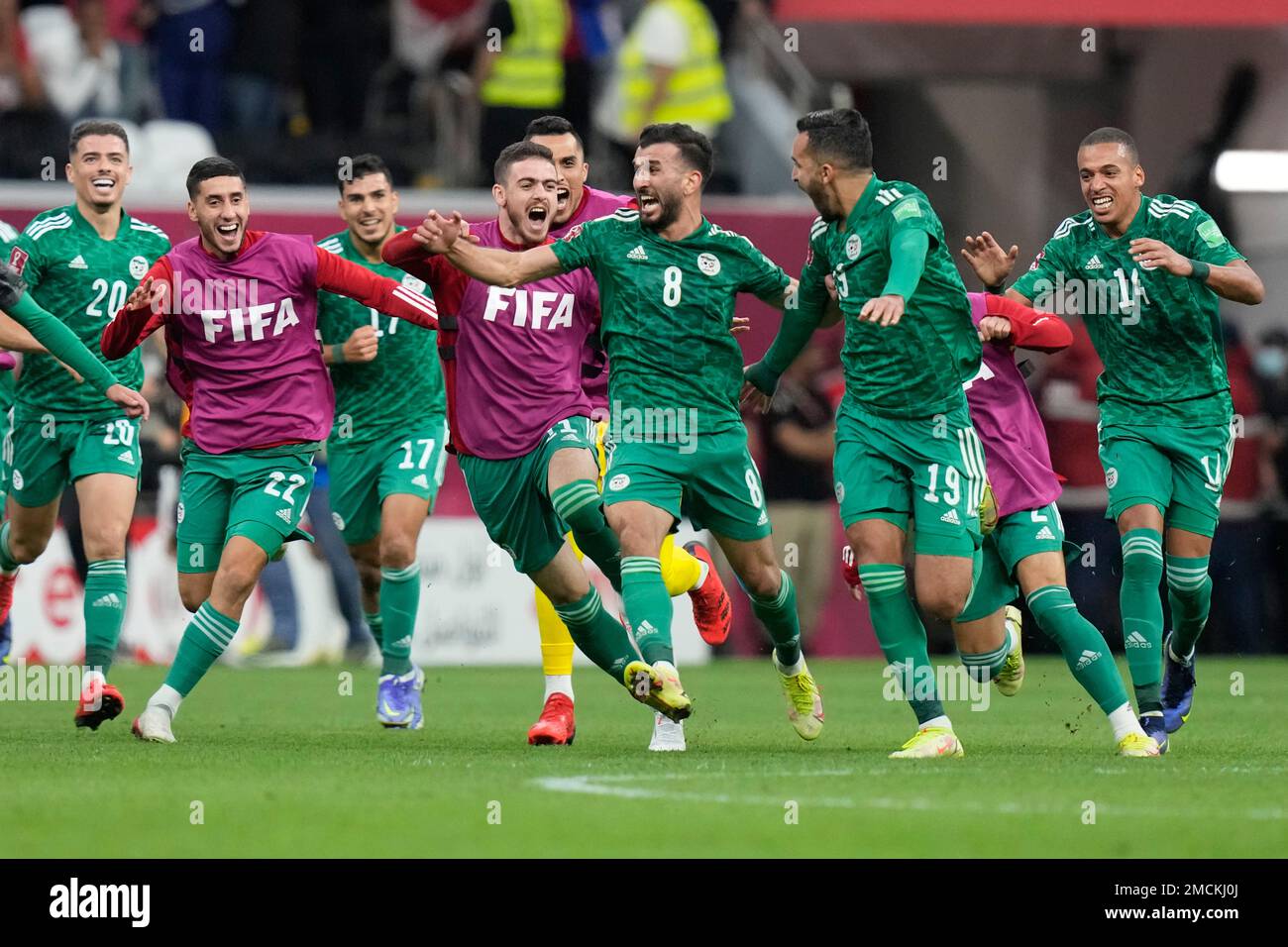 Algeria's Amir Sayoud, third right, celebrates with bis teammates after ...