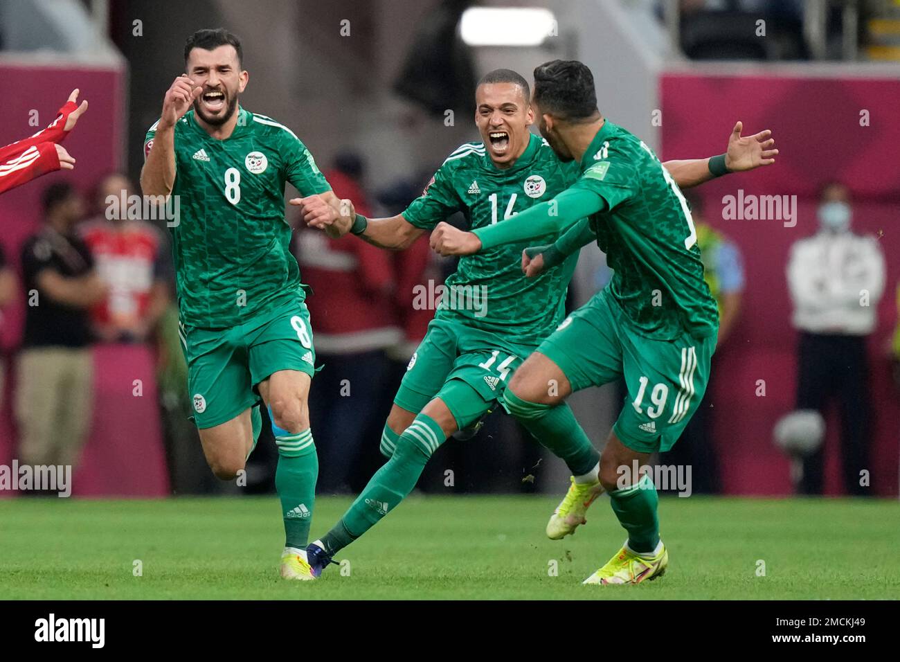 Algeria's Amir Sayoud, left, celebrates with bis teammates after ...