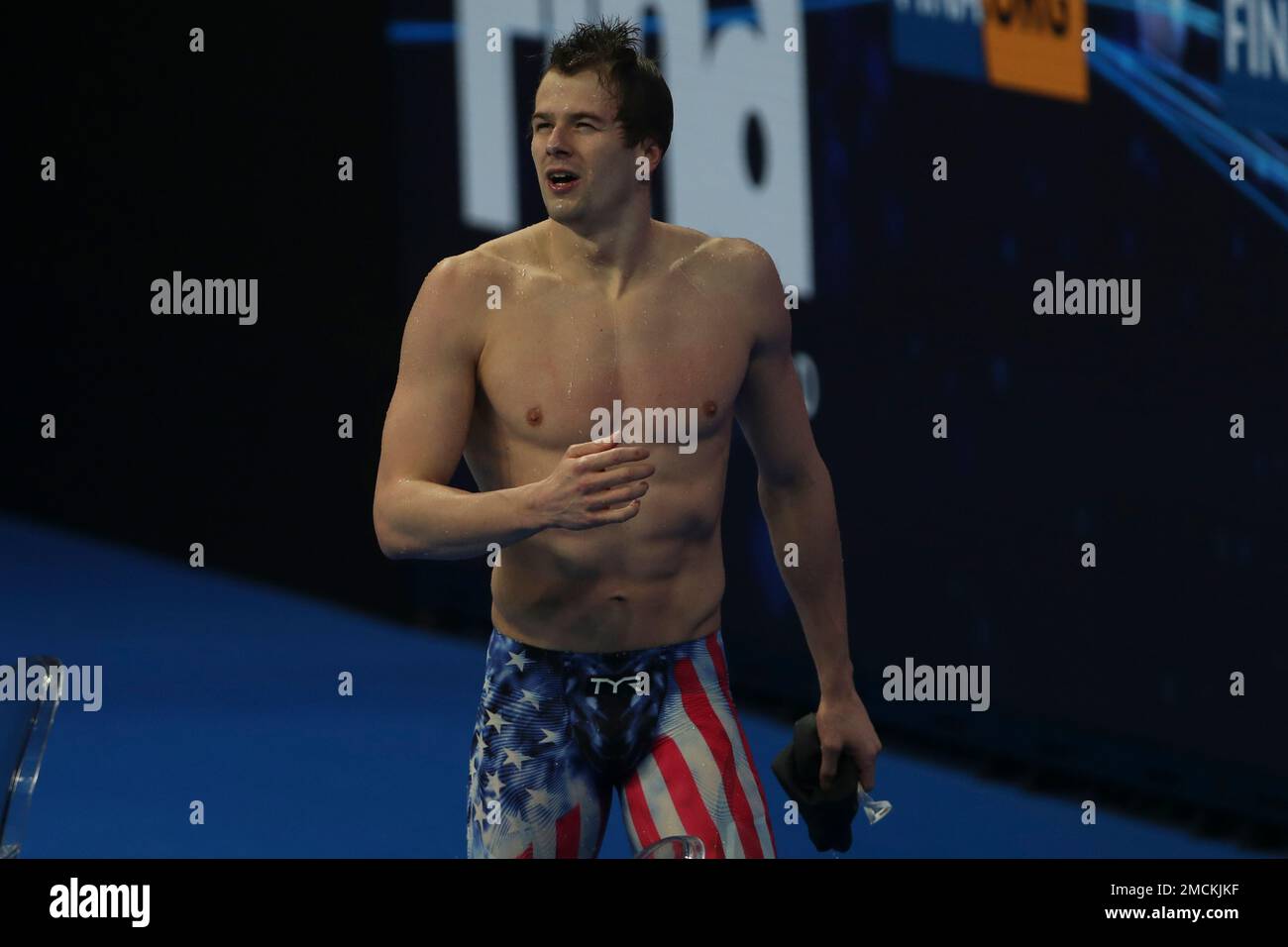 Nic Fink of the United States reacts after winning the 200 meters ...