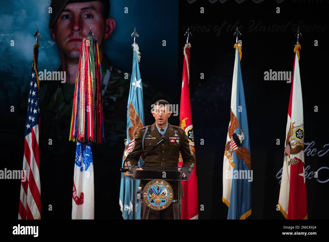 Medal of Honor recipient Army Sgt. Maj. Thomas P. Payne delivers ...