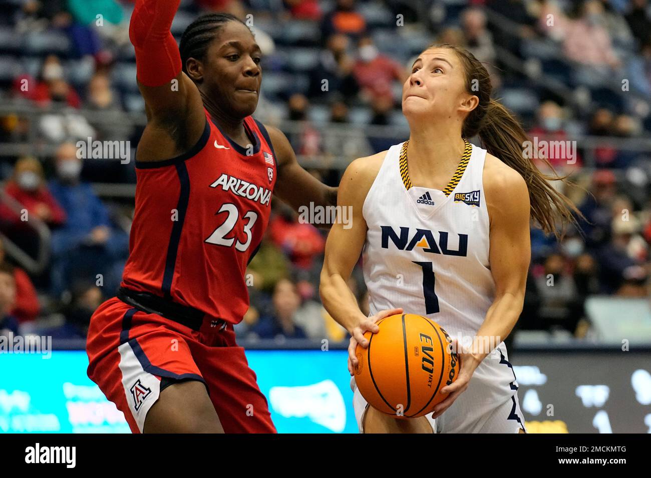 Northern Arizona guard Regan Schenck (1) drives against Arizona guard ...