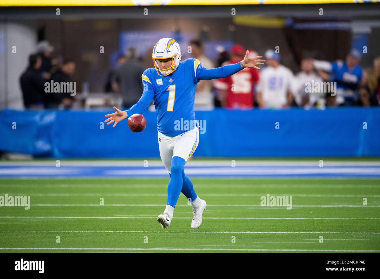 Los Angeles Chargers punter Ty Long (1) warms up before an NFL football ...