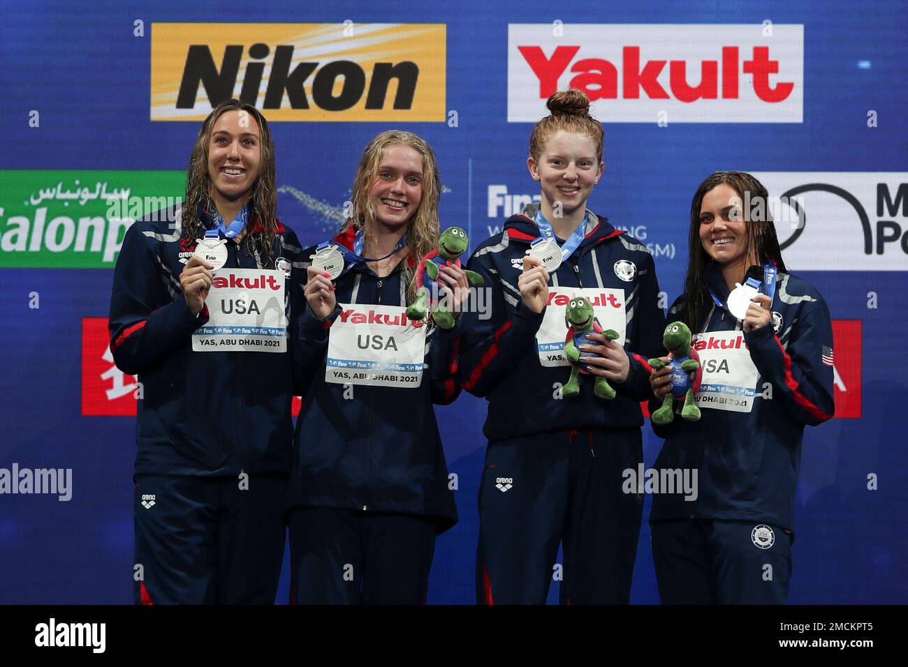 Team USA stand on the podium after winning silver in women's 4x50 ...