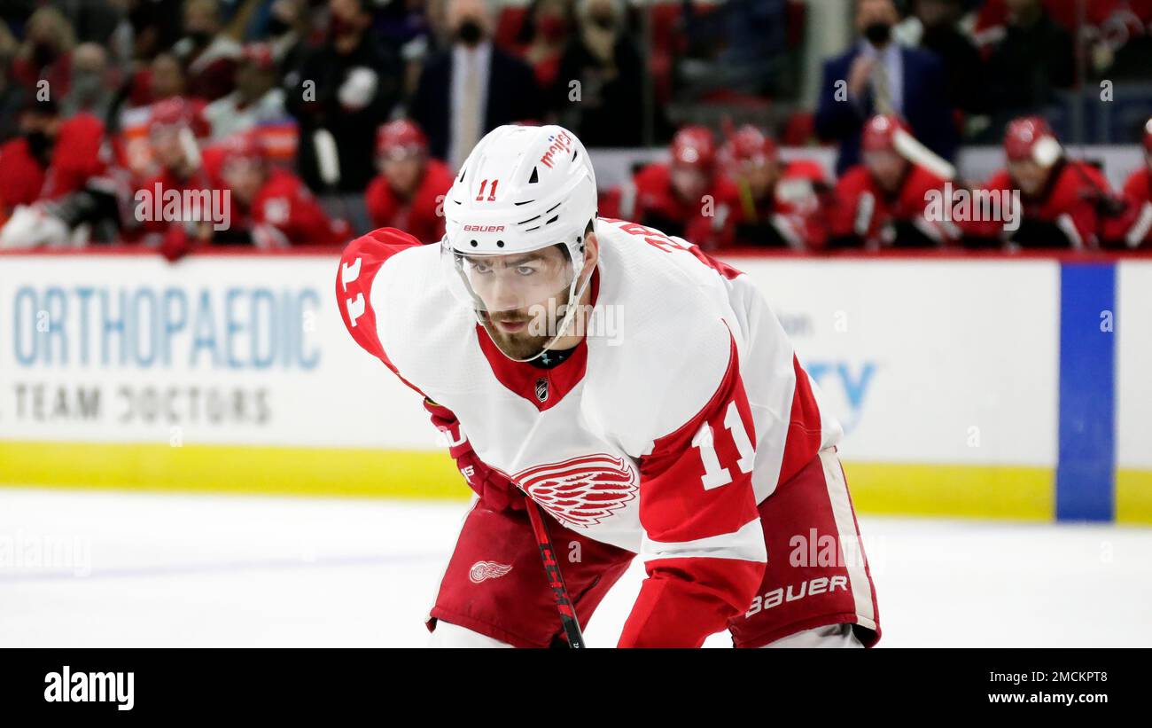 Detroit Red Wings right wing Filip Zadina (11) waits for a face-off ...