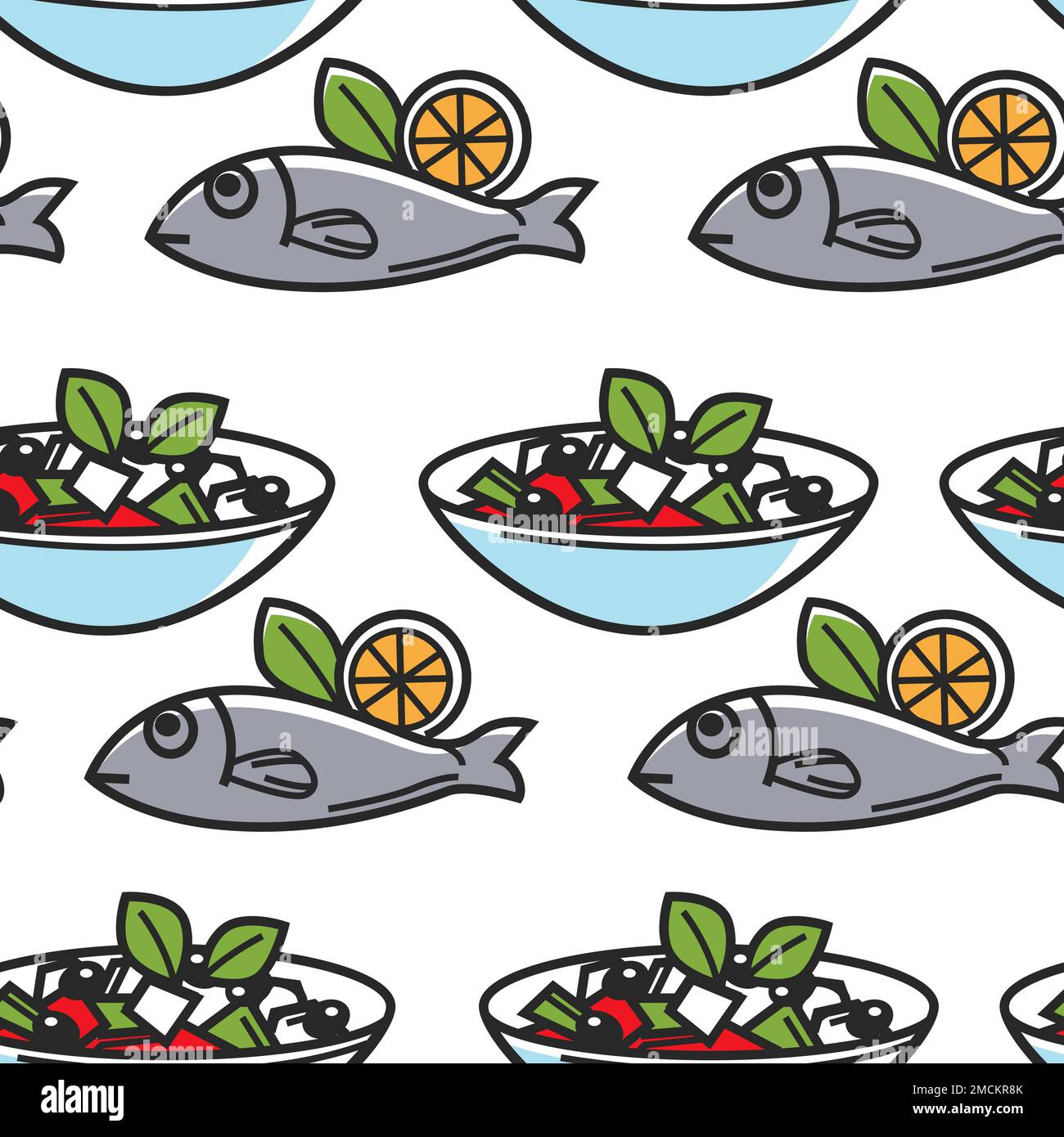Fish and Greek salad seamless pattern Greece national cuisine Stock ...