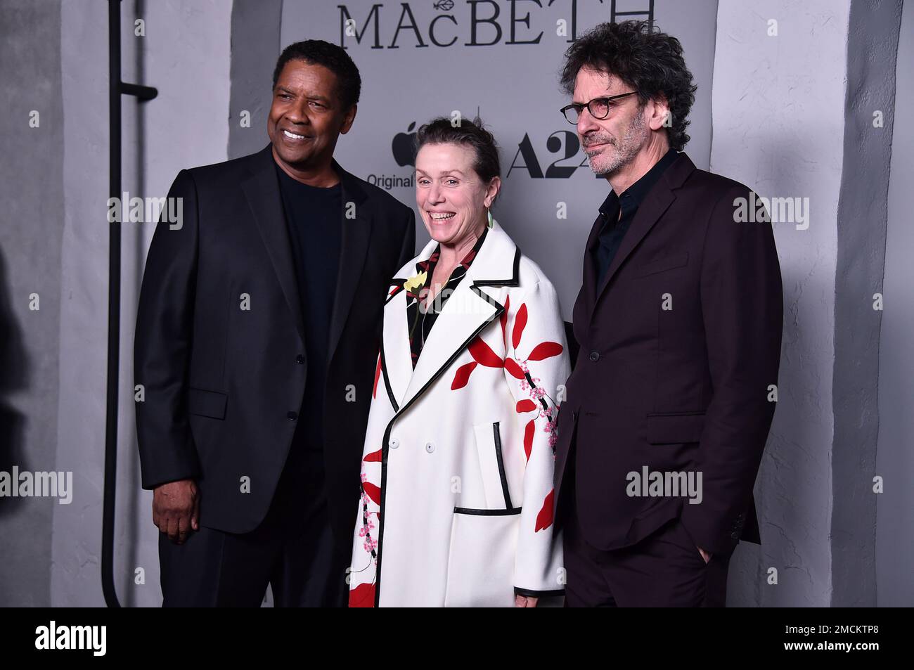 From left, actor Denzel Washington, who plays Macbeth in the film ...