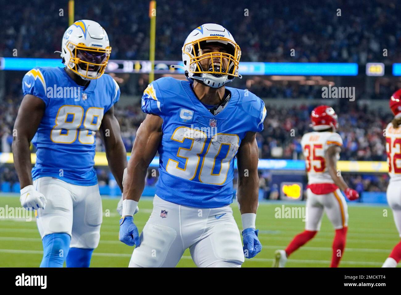 Los Angeles Chargers running back Austin Ekeler (30) reacts after ...