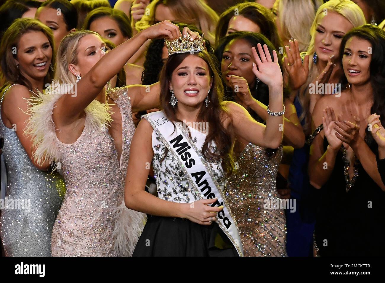 Miss Alaska Emma Broyles, center, reacts after being crowned Miss ...