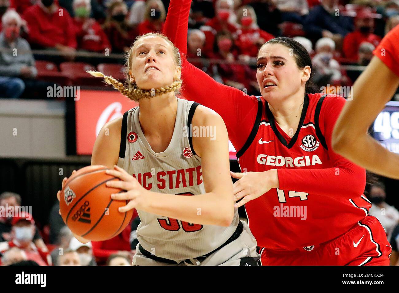 North Carolina State's Elissa Cunane (33) looks towards the basket ...
