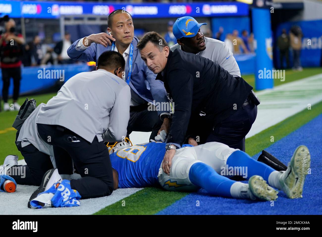 Los Angeles Chargers tight end Donald Parham stays on the field after ...