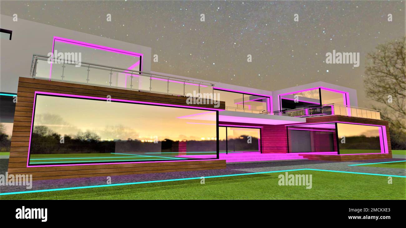 Luxurious country villa illuminated in purple. View of the glass facade ...