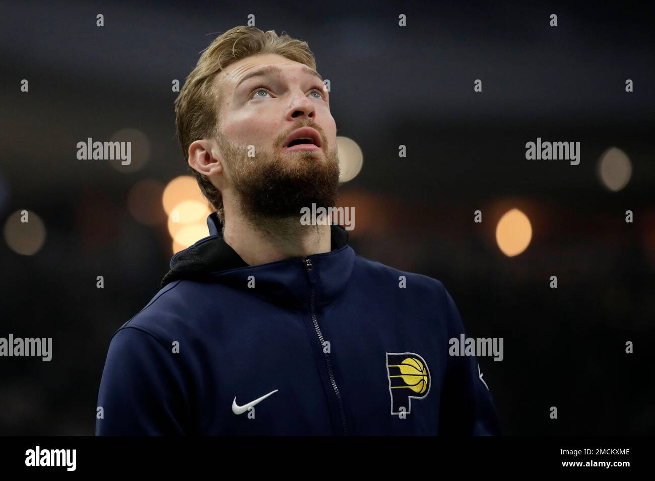 Indiana Pacers' Domantas Sabonis warms up before an NBA basketball game ...