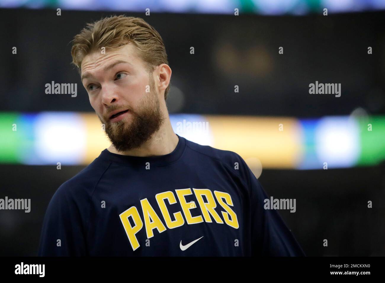 Indiana Pacers' Domantas Sabonis warms up before an NBA basketball game ...