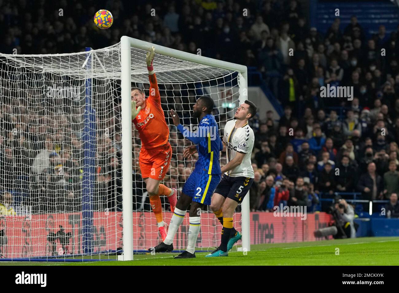 Everton's goalkeeper Jordan Pickford saves during the English Premier ...