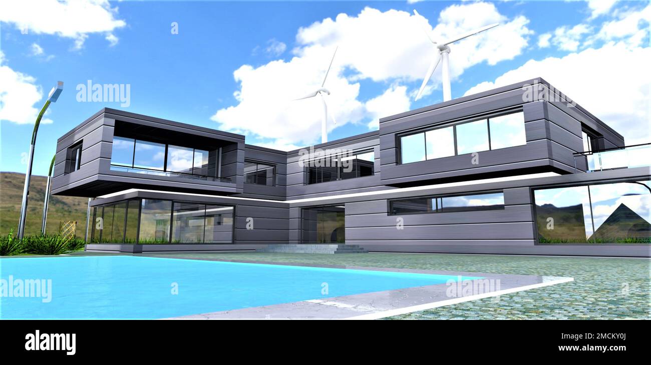 View of the futuristic cottage with pool. Fully independent energy ...