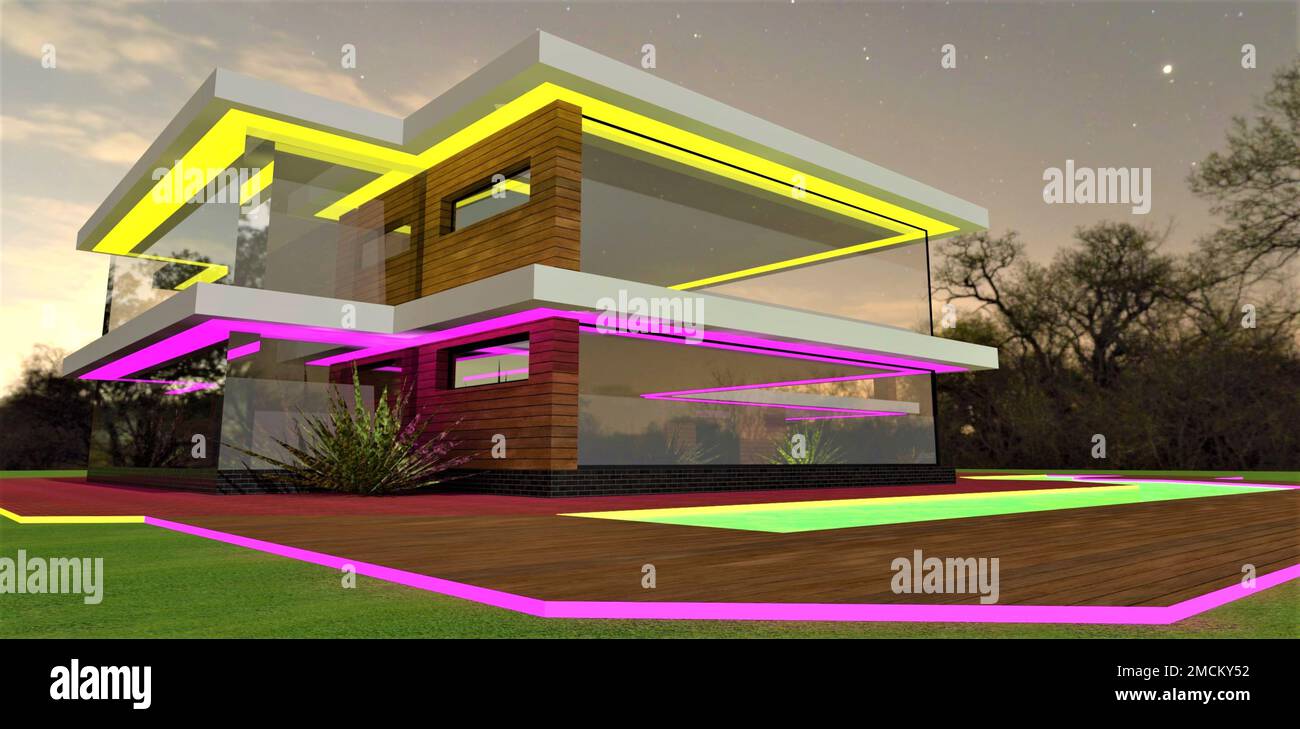 Futuristic suburban cottage with glass illuminated facade. Glowing pool ...