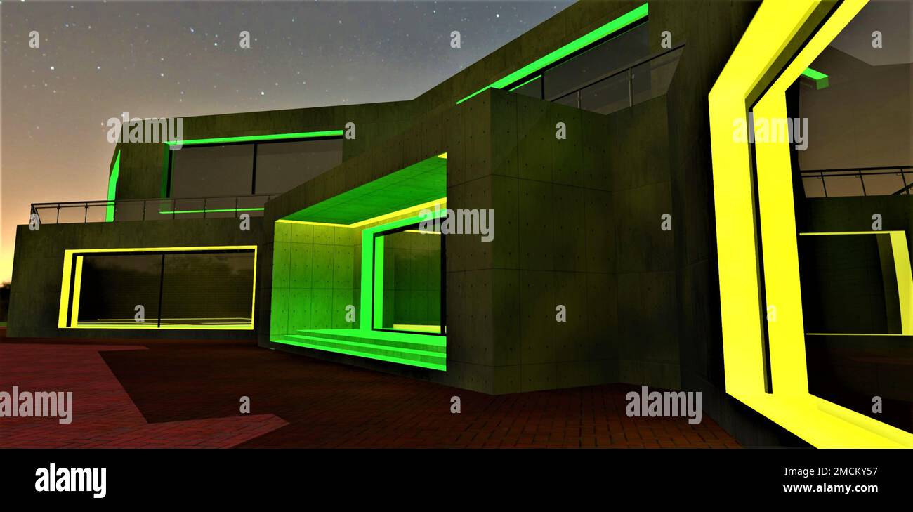 Entrance illuminated in green to the upscale concrete house with yellow ...