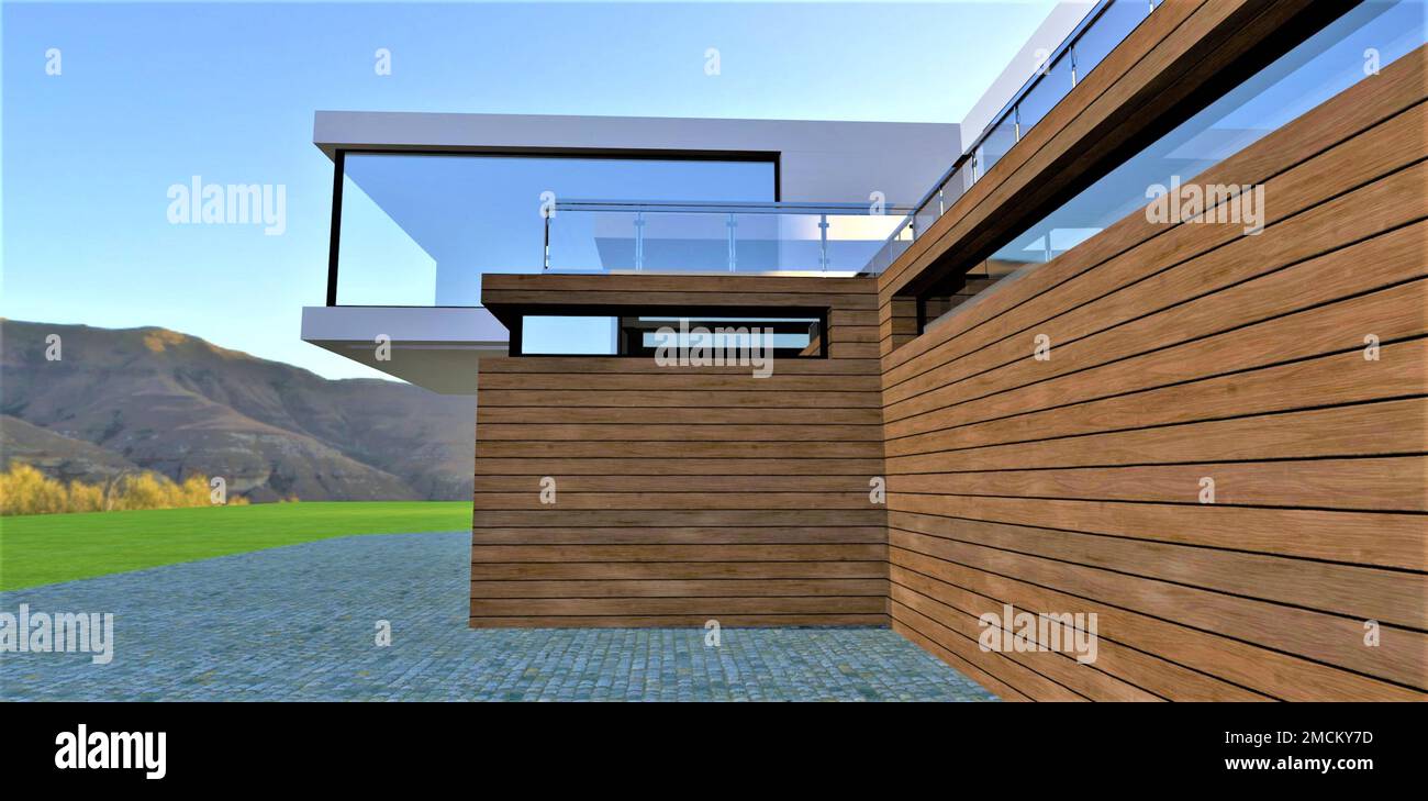 Wooden facade of the upscale country dwelling in the mountains. Grenite ...