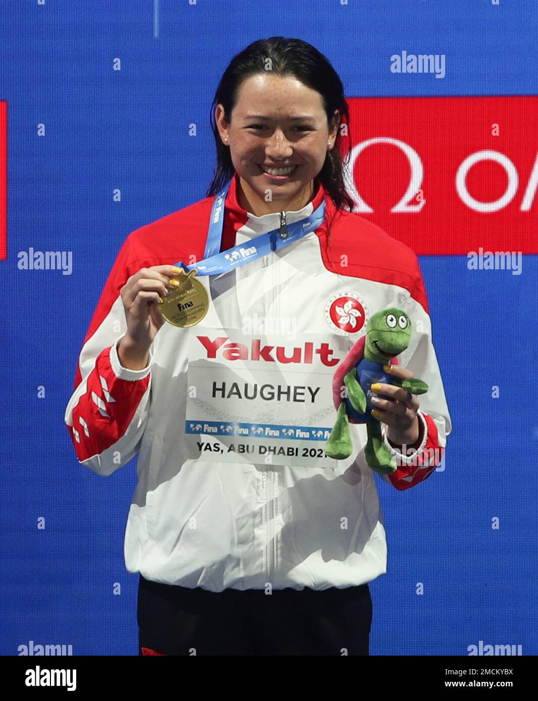 Gold medalist Siobhan Bernadette Haughey of Hong Kong stands during the ...