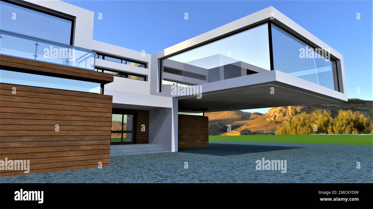 Exclusive design of the suburban house with cantilevered floor. Facade ...