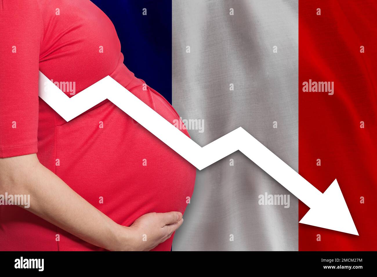 French pregnant woman on French flag background. Falling fertility rate ...