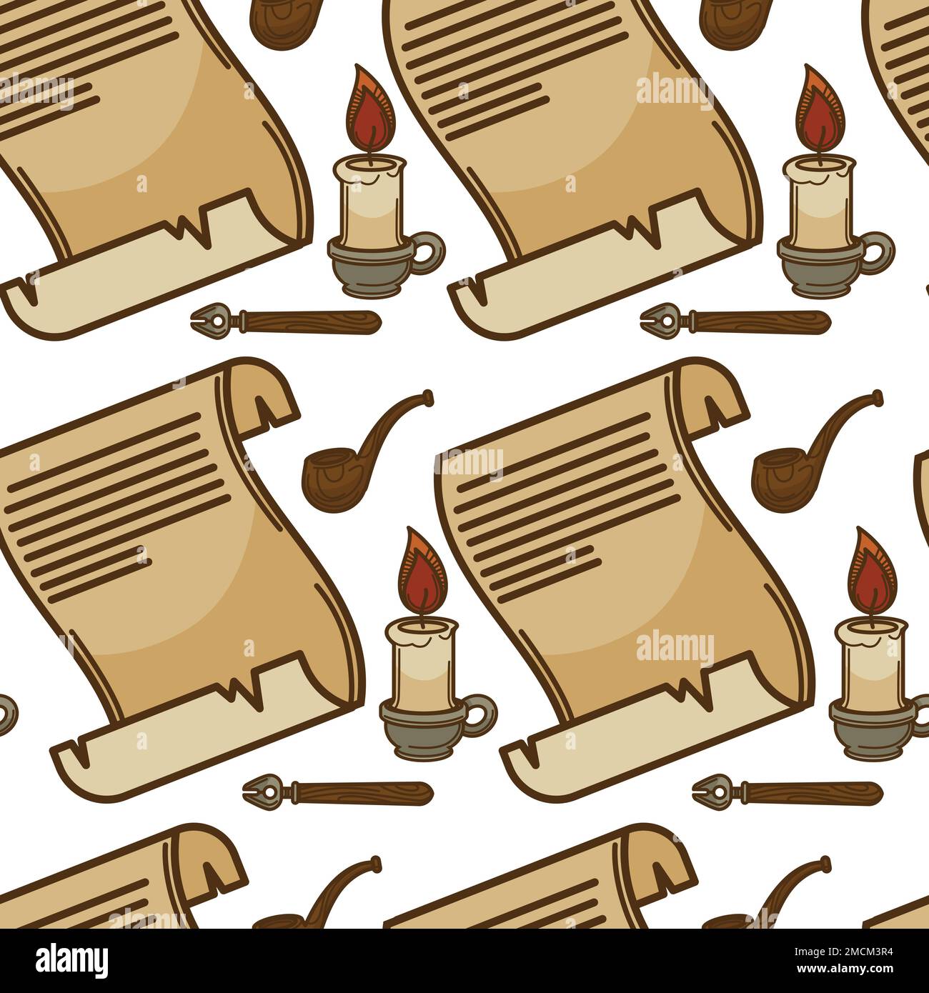 Scroll and candle paper parchment or papyrus seamless pattern Stock ...