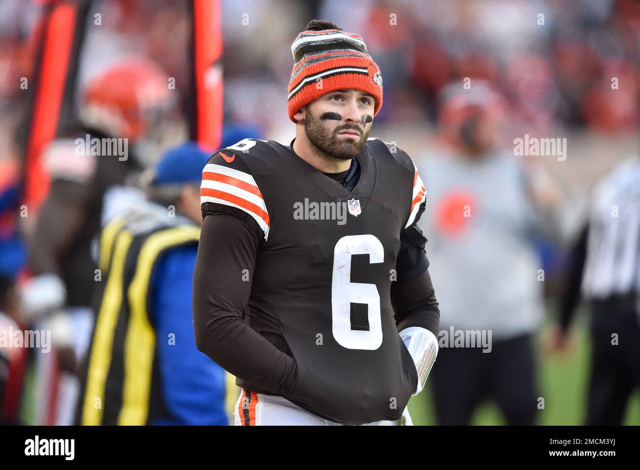 Cleveland Browns quarterback Baker Mayfield stands on the sideline ...