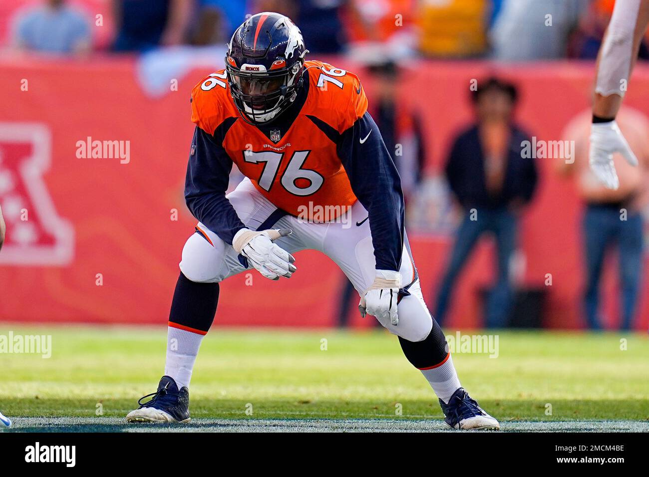 Denver Broncos offensive tackle Calvin Anderson (76) lines up against ...