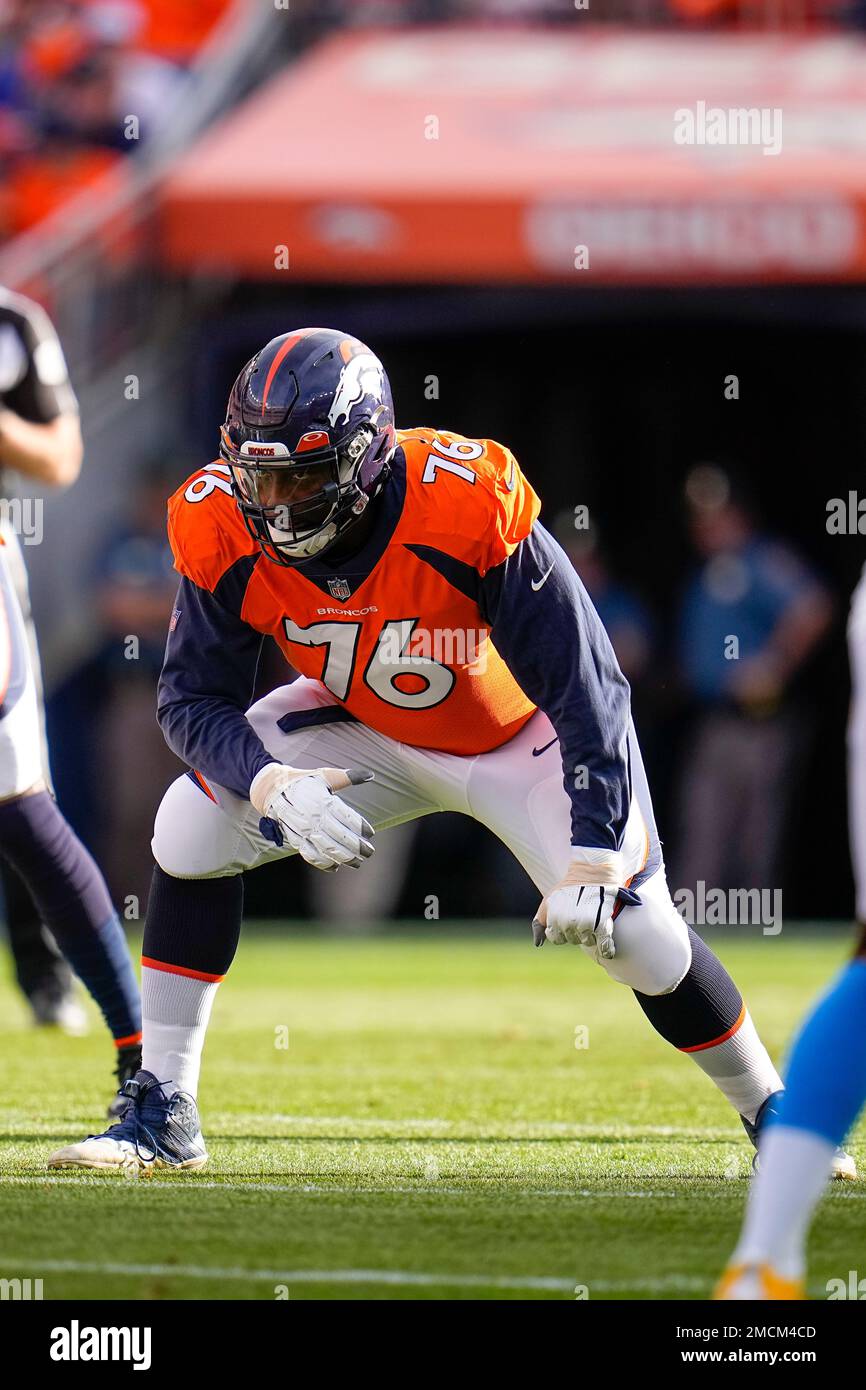 Denver Broncos offensive tackle Calvin Anderson (76) lines up against ...