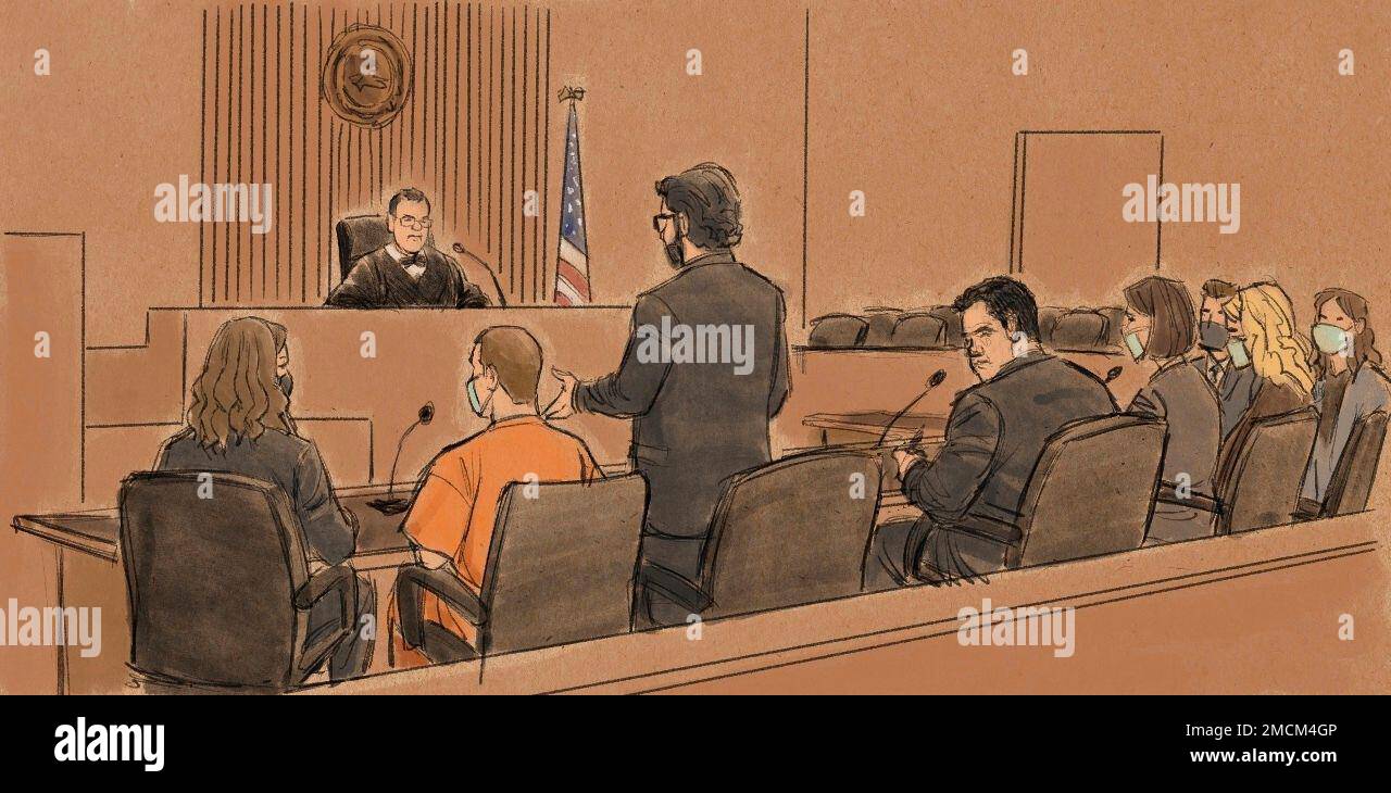 In this courtroom sketch, attorney Eric Nelson, standing, speaks to U.S ...