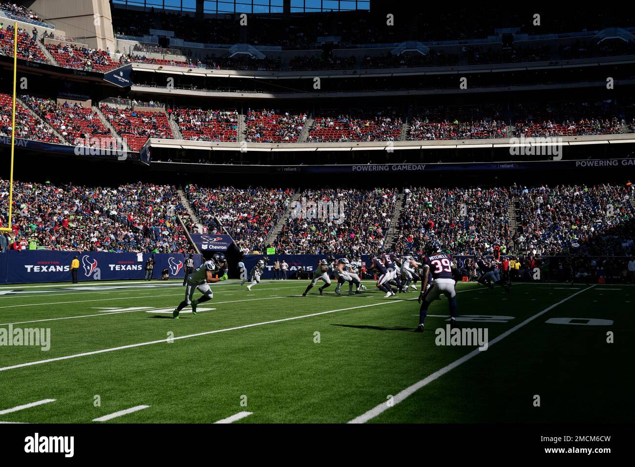 NFL action is seen in a general stadium view from field level at NRG ...