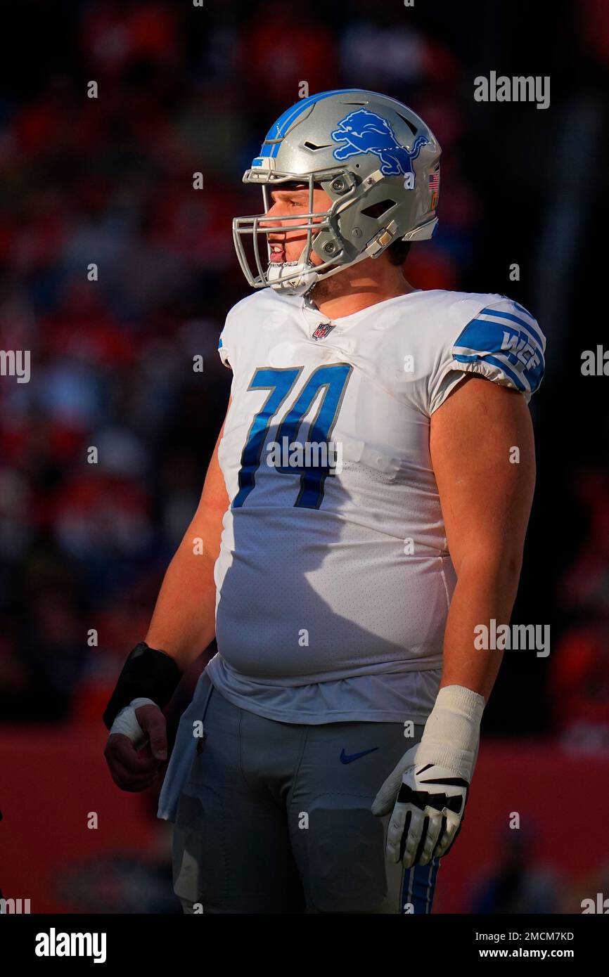 Detroit Lions center Ryan McCollum (74) against the Denver Broncos in ...