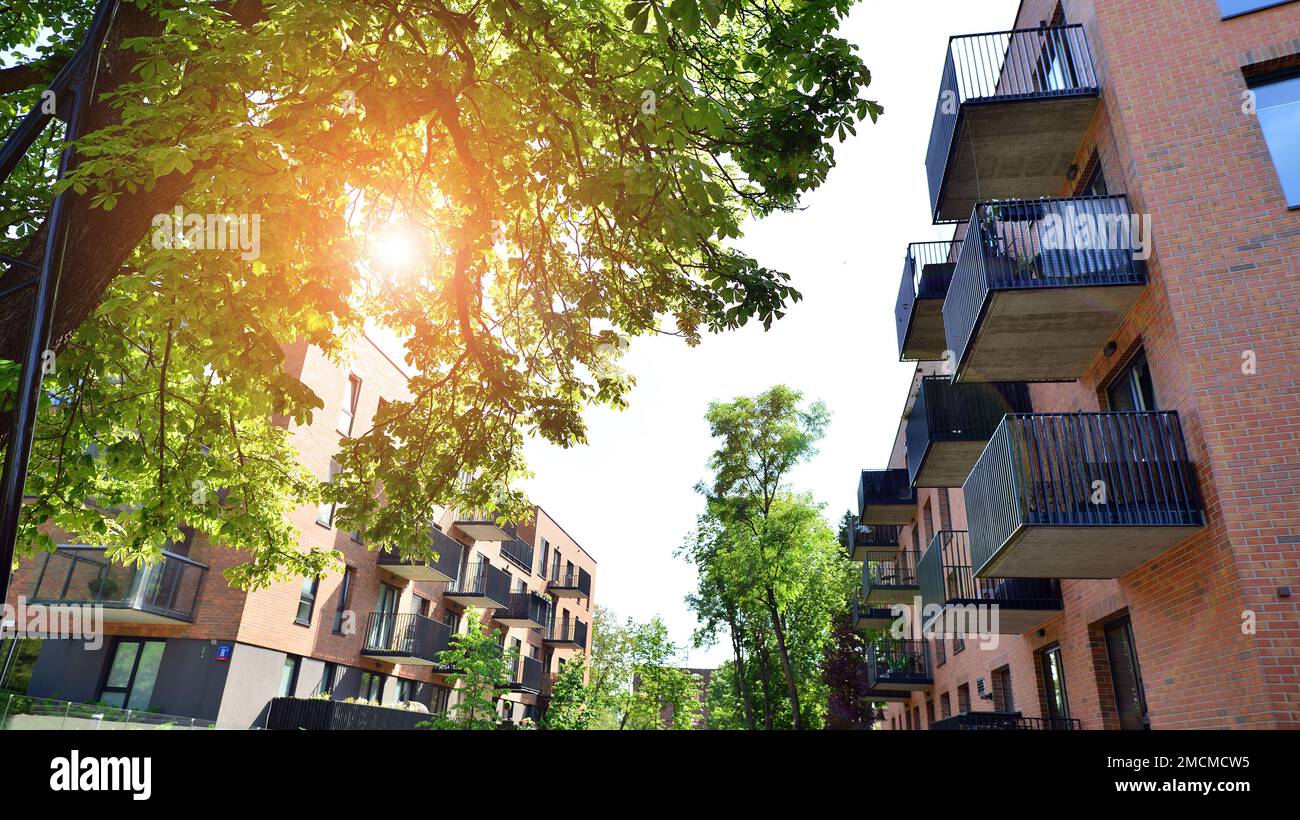 Eco architecture. Green tree and apartment building. The harmony of ...