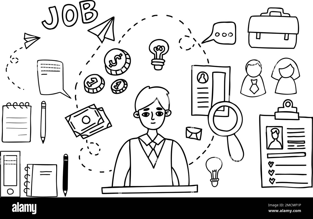 Collection business doodle. Guy office worker with arrows, money, coins ...