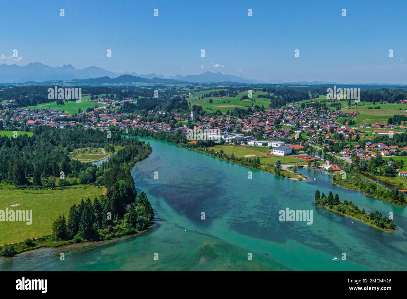Aerial view to Lechbruck on Lech Lake and the region called ...