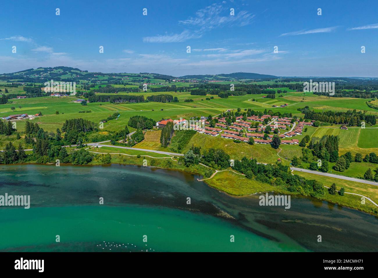 Aerial view to Lechbruck on Lech Lake and the region called ...